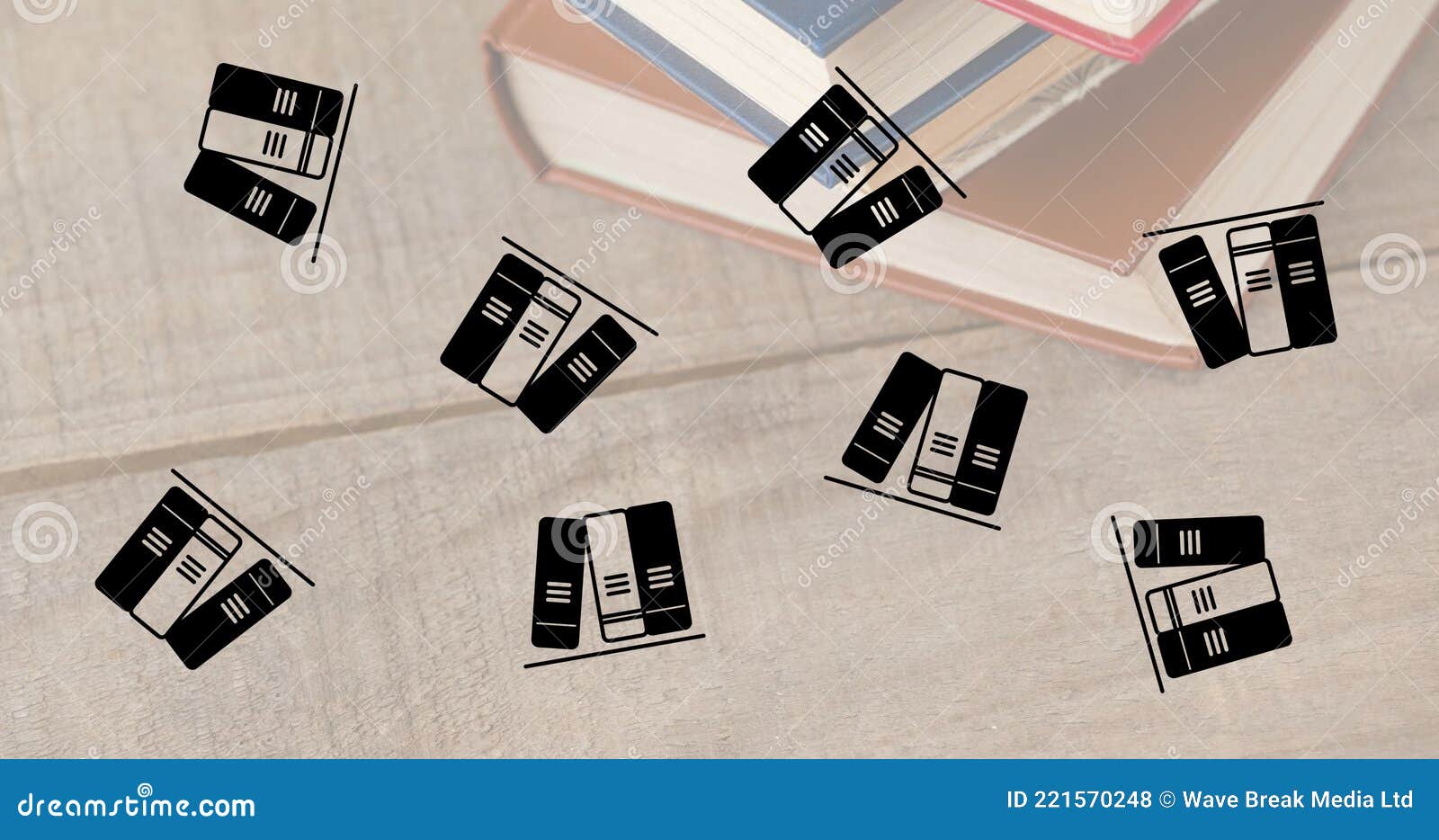 Composition of Repeated Book Spines Floating Over Books on Desk Stock ...