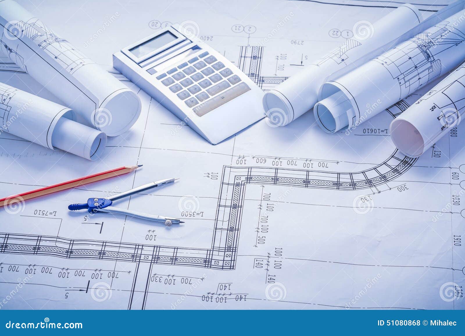 Composition Rolled Up White Blueprints Classical Stock Photo - Image of ...