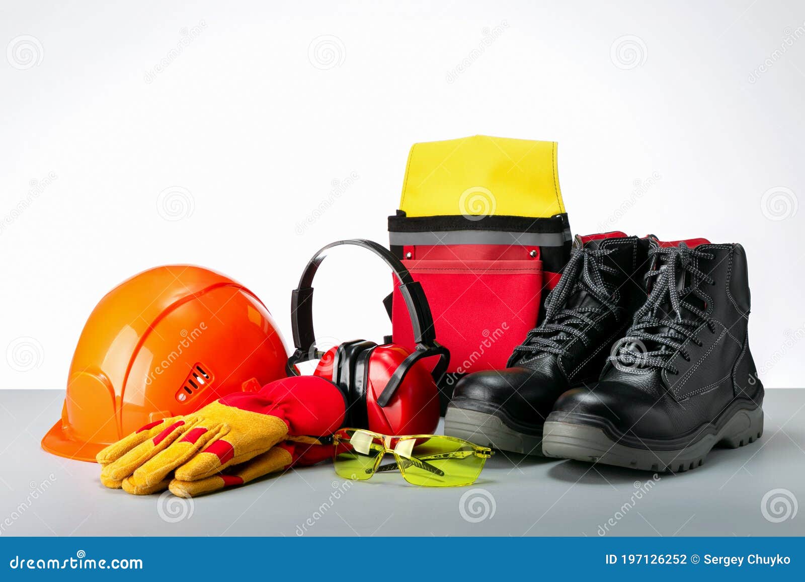 Composition with Safety Equipment, Protective Shoes, Safety Glasses ... Composition with Safety Equipment, Protective Shoes, Safety Glasses ...