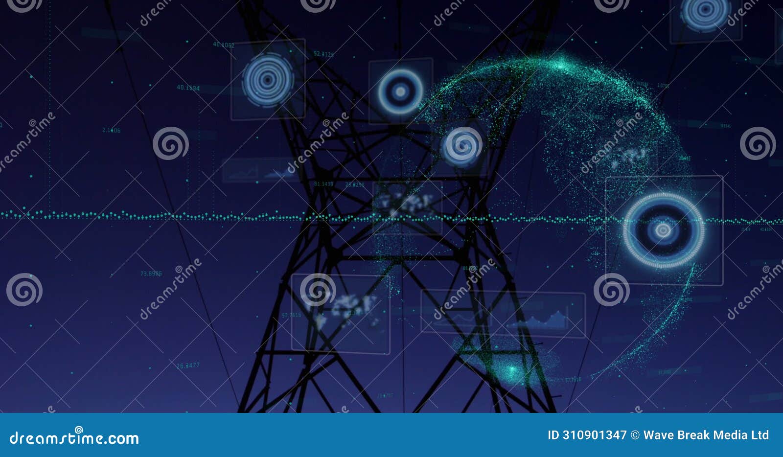 Composition of Scopes Scanning on Screens Over Globe and Electric Pylon ...