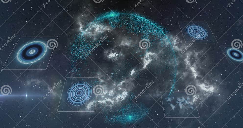 Composition of Scopes Scanning on Screens Over Globe and Universe Stock ...