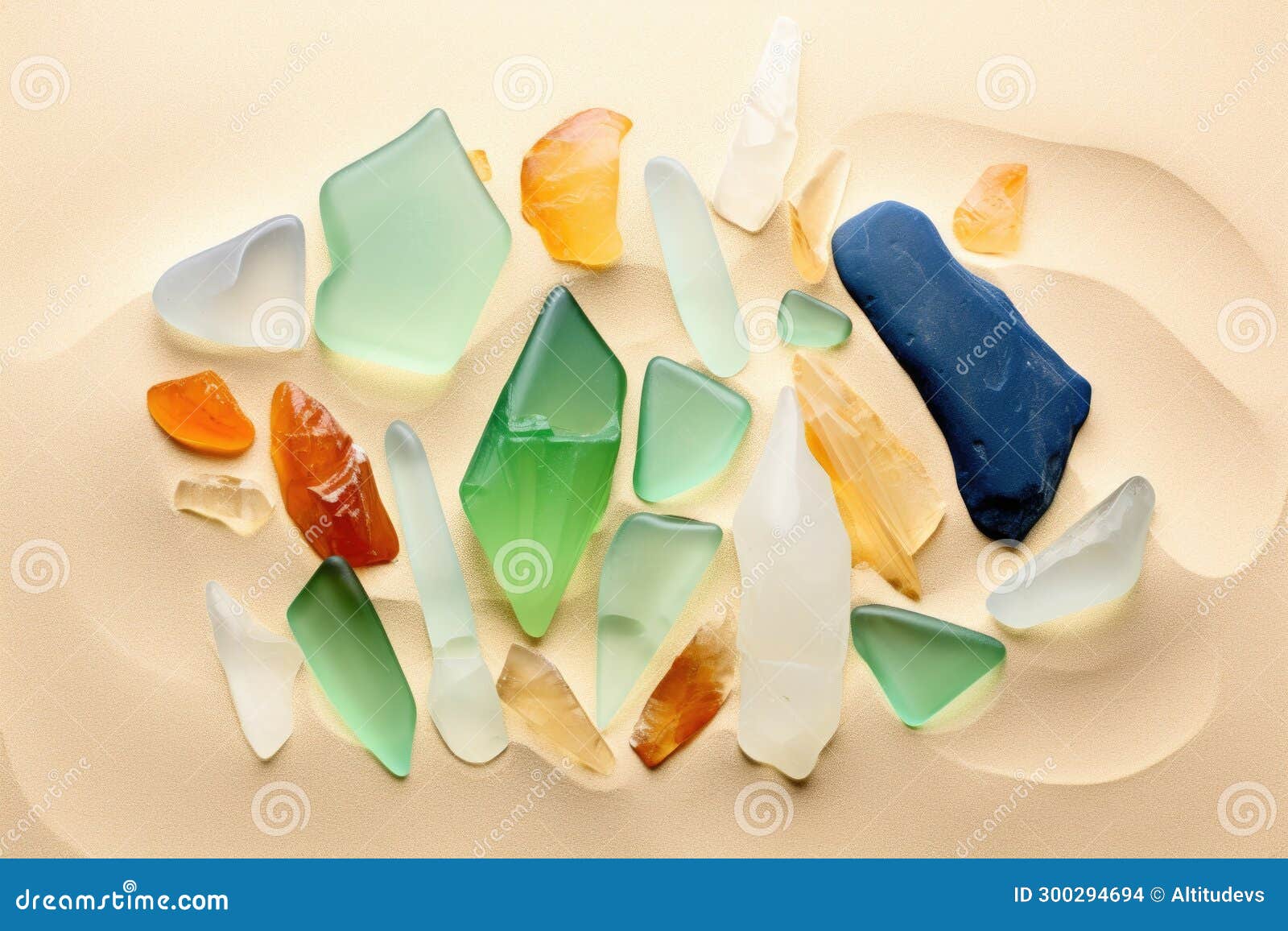 A Composition of Sea Glass Fragments on a Sandy Background Stock Photo ...