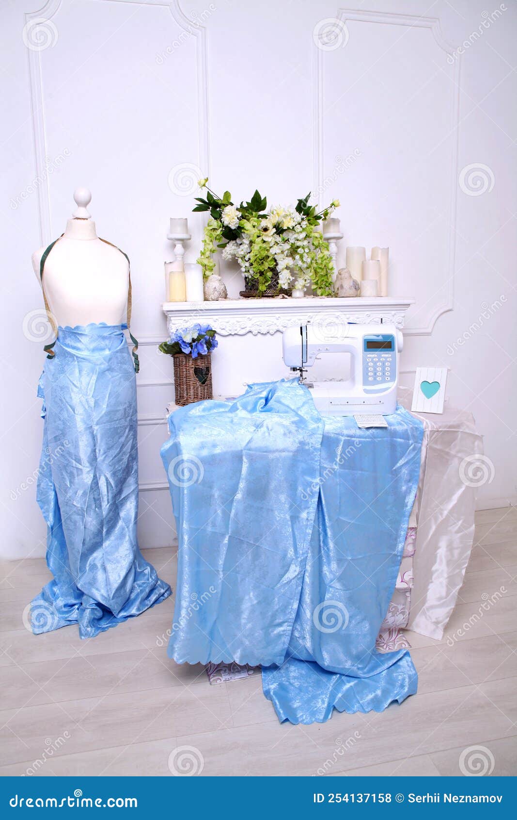 Composition from a Sewing Machine. Mannequin, Flowers on a Retro Table ...