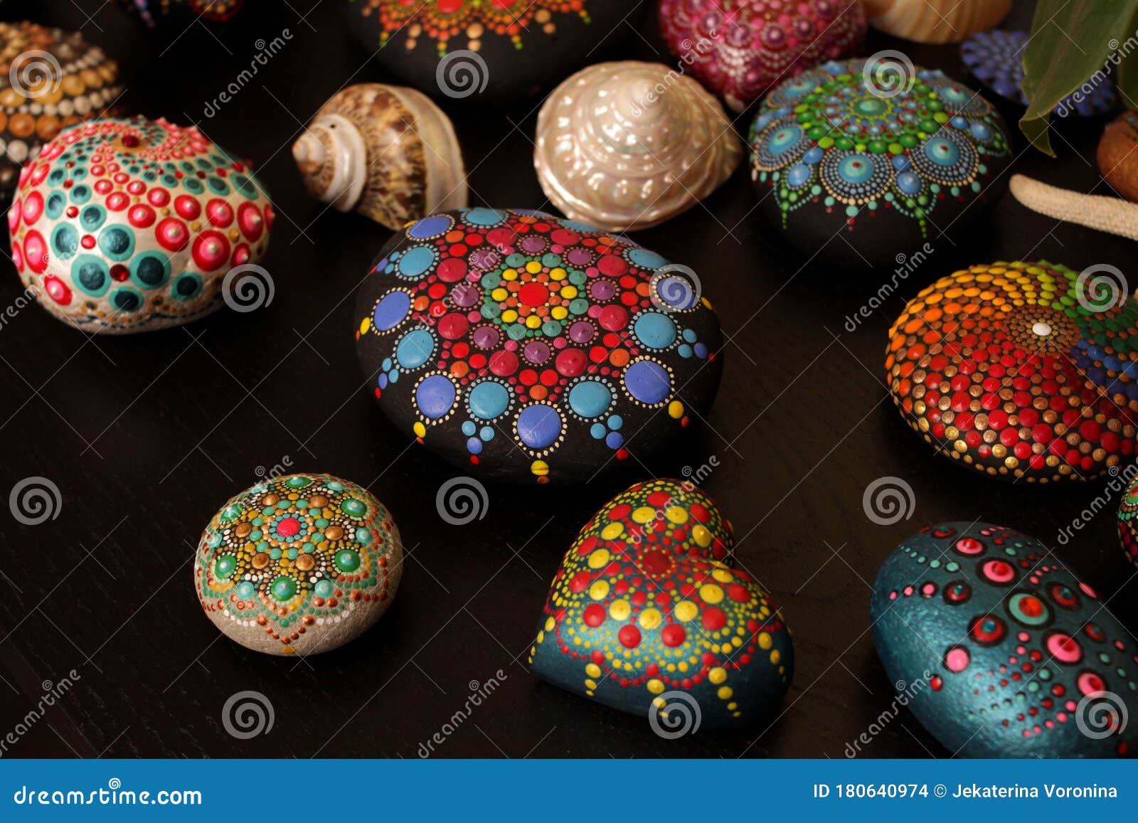 Composition of Shells and Painted Rock Mandala Stock Photo - Image of ...
