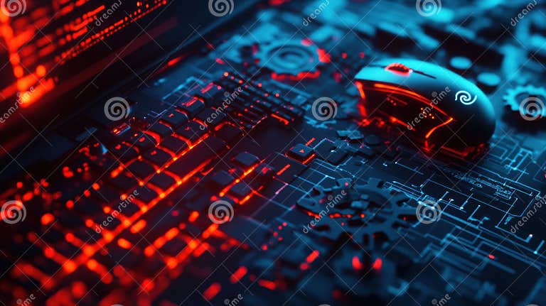 The Composition Showcases a Keyboard and Mouse with Glowing Details and ...