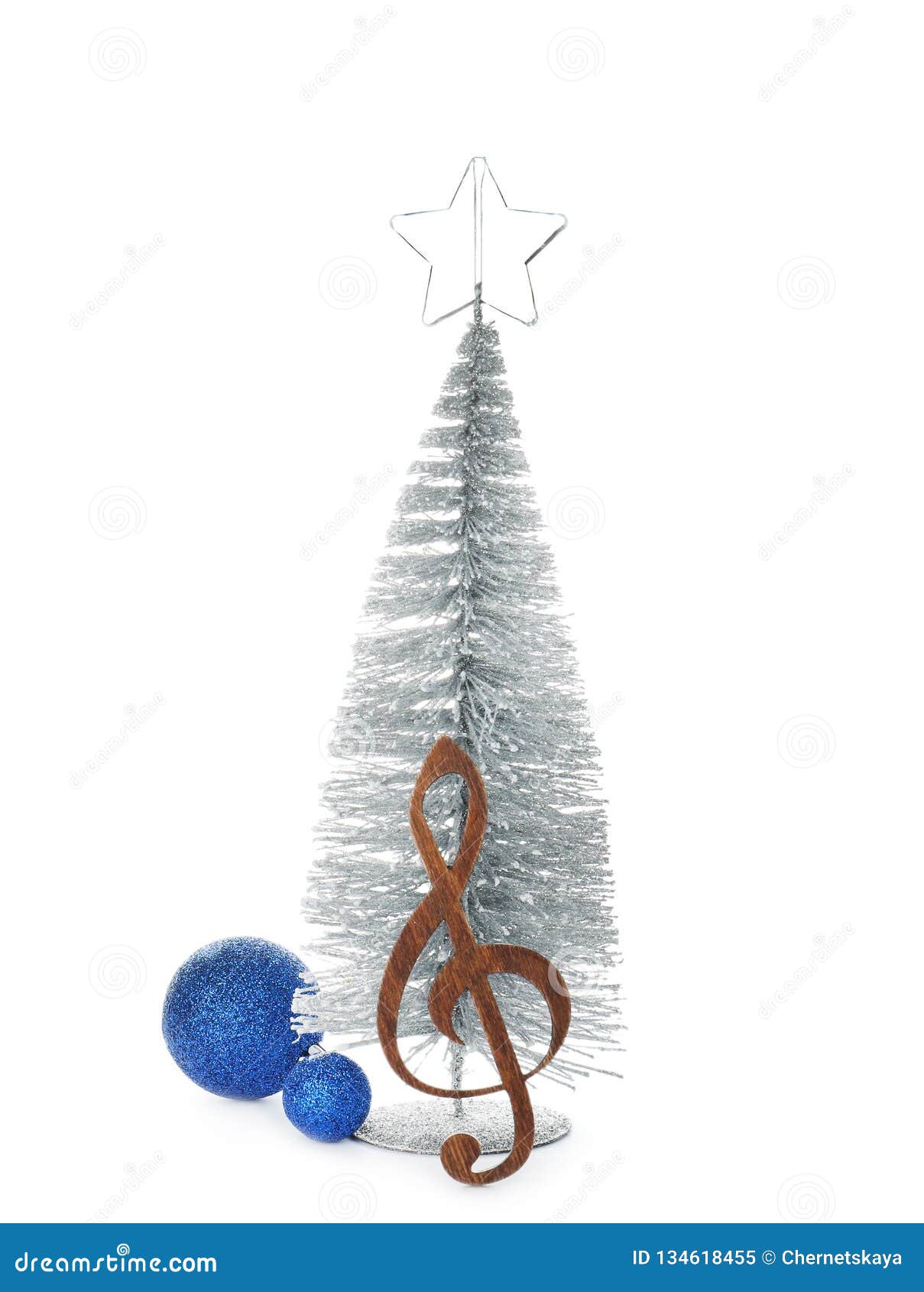 Composition with Small Christmas Tree, Decor and Wooden Music Note ...
