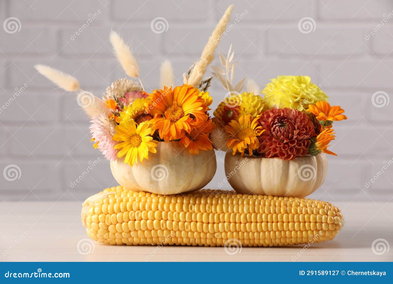 Composition of Small Pumpkins with Beautiful Flowers and Corn Cobs on ...