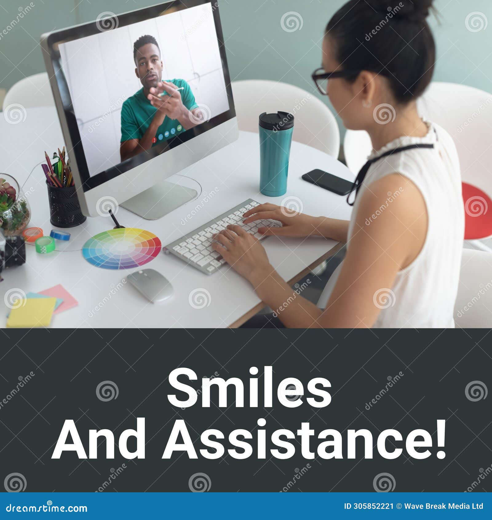 Composition of Smiles and Assistance Text Over Asian Woman Using ...