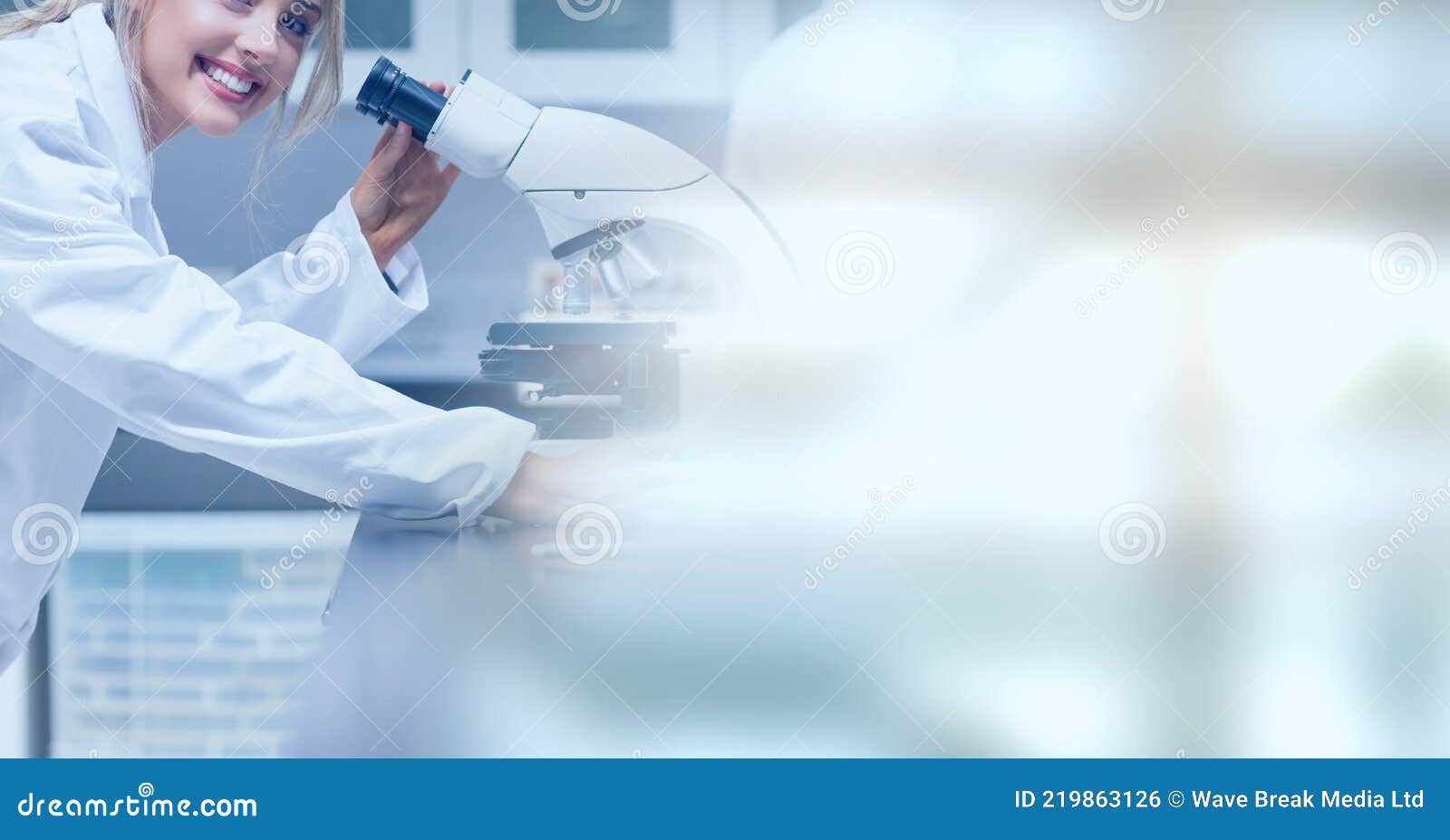 Composition of Smiling Female Lab Technician Using Microscope, with ...