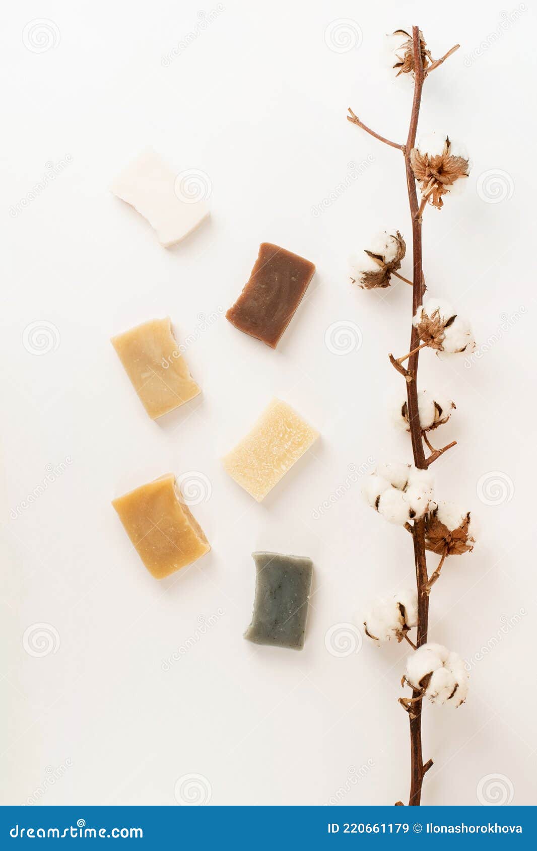 Composition with Soap and Cotton Branch, Natural Cosmetics on White ...