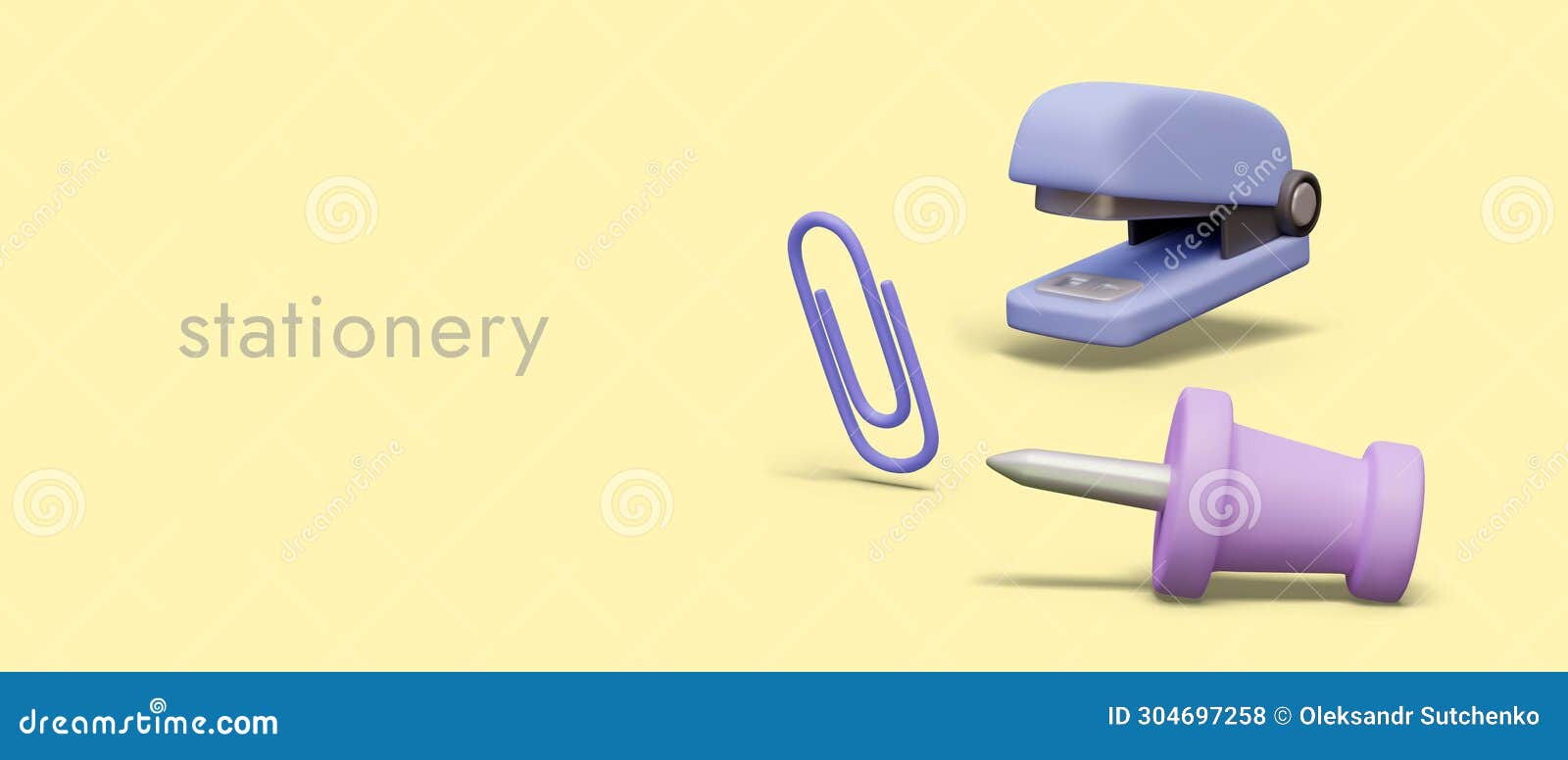 Composition with Stapler, Purple Pin, and Clip. Realistic Stationery ...