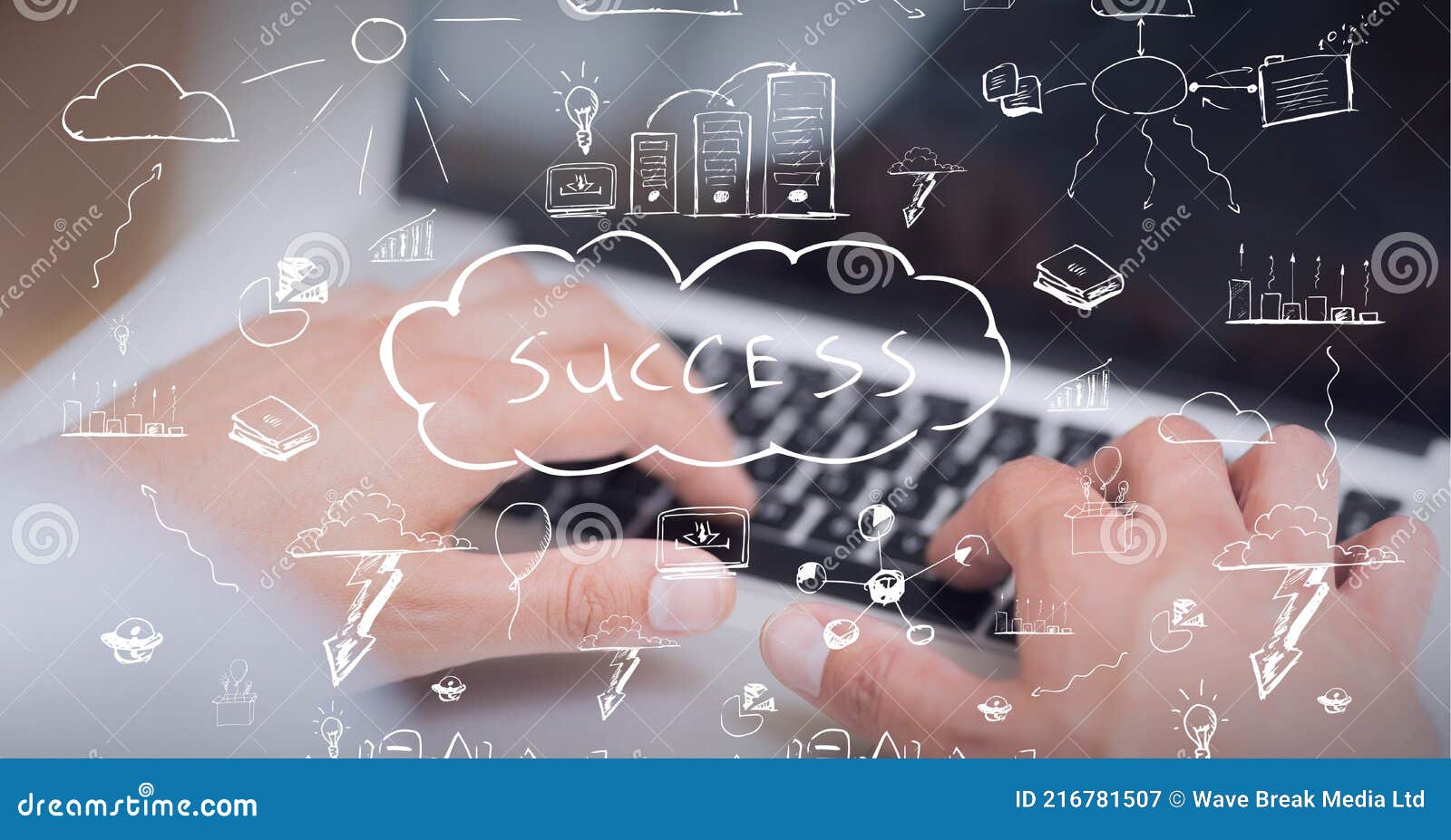 Composition of Success World in Cloud with Digital Icons Over Man ...