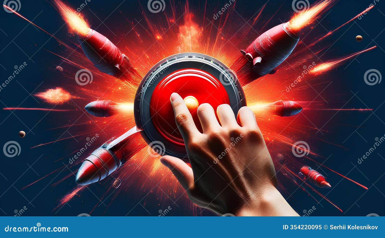 An Artistic Collage Depicting a Hand Pressing a Red Button Surrounded ...
