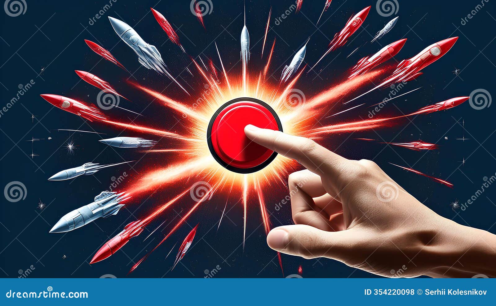 An Artistic Collage Depicting a Hand Pressing a Red Button Surrounded ...