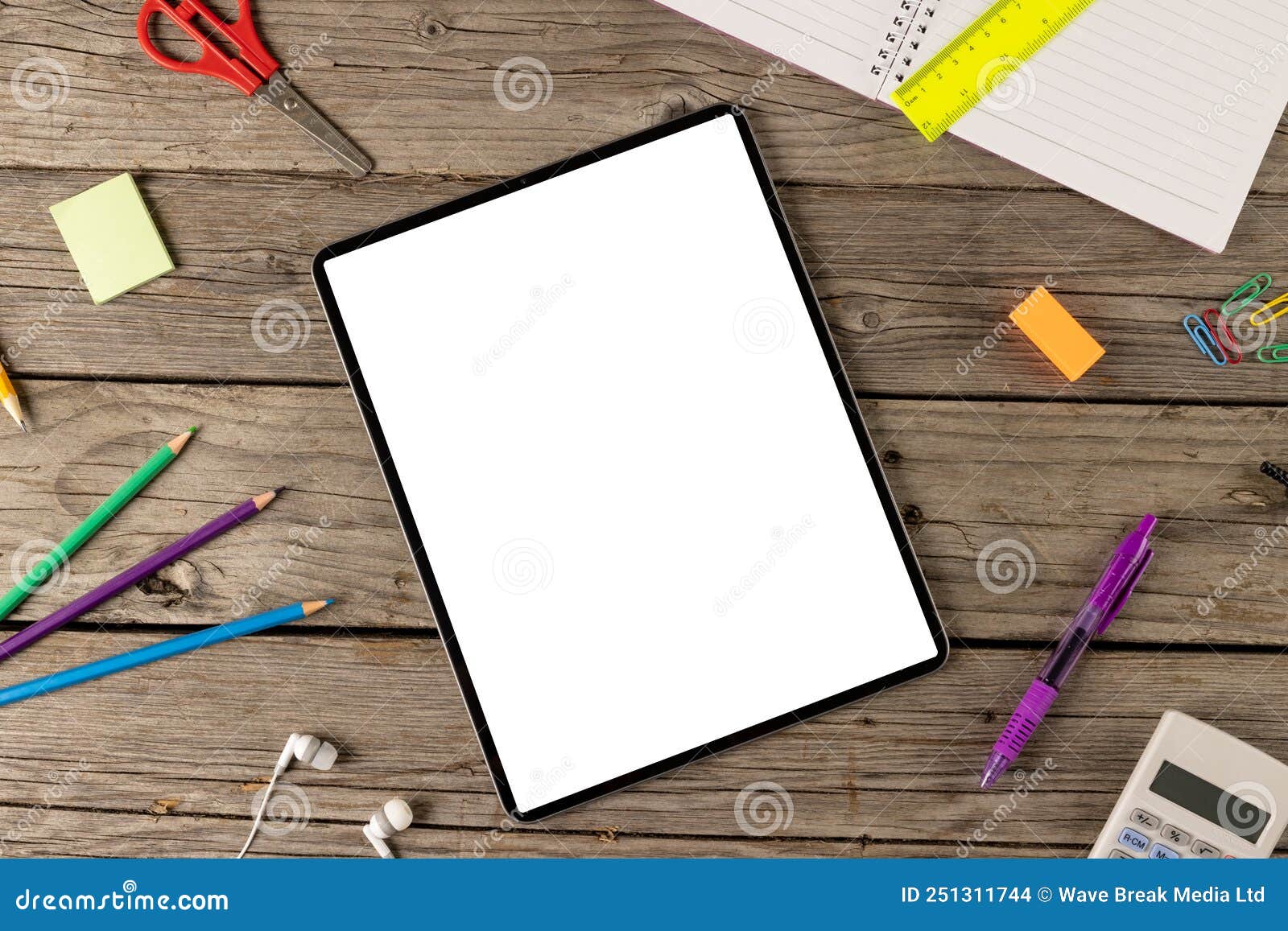 Composition of Tablet with Copy Space and School Items on Wooden ...
