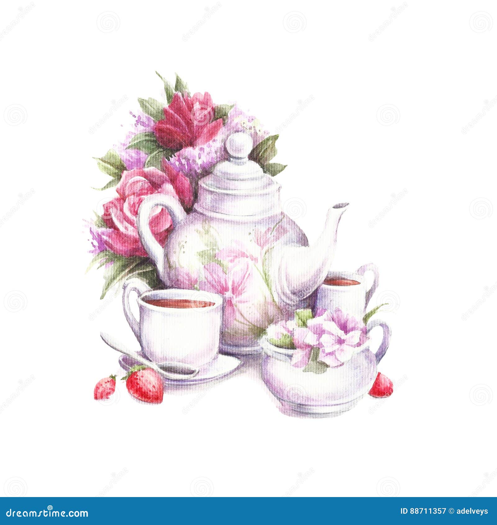 Composition with Tea and Flowers. Hand Draw Watercolor Illustration ...
