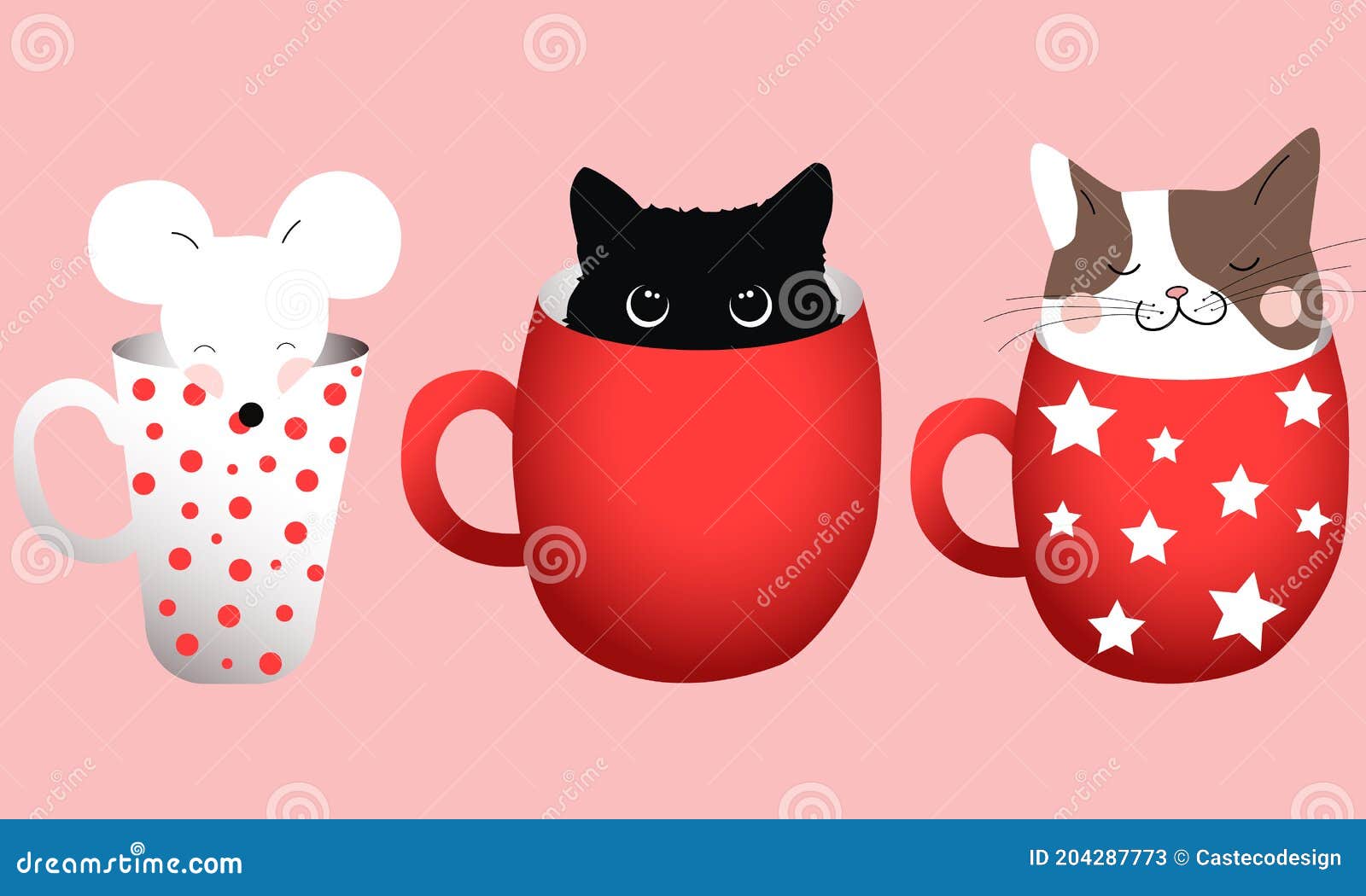 Composition of Three Cups with Cats and a Mice Inside Stock Vector ...