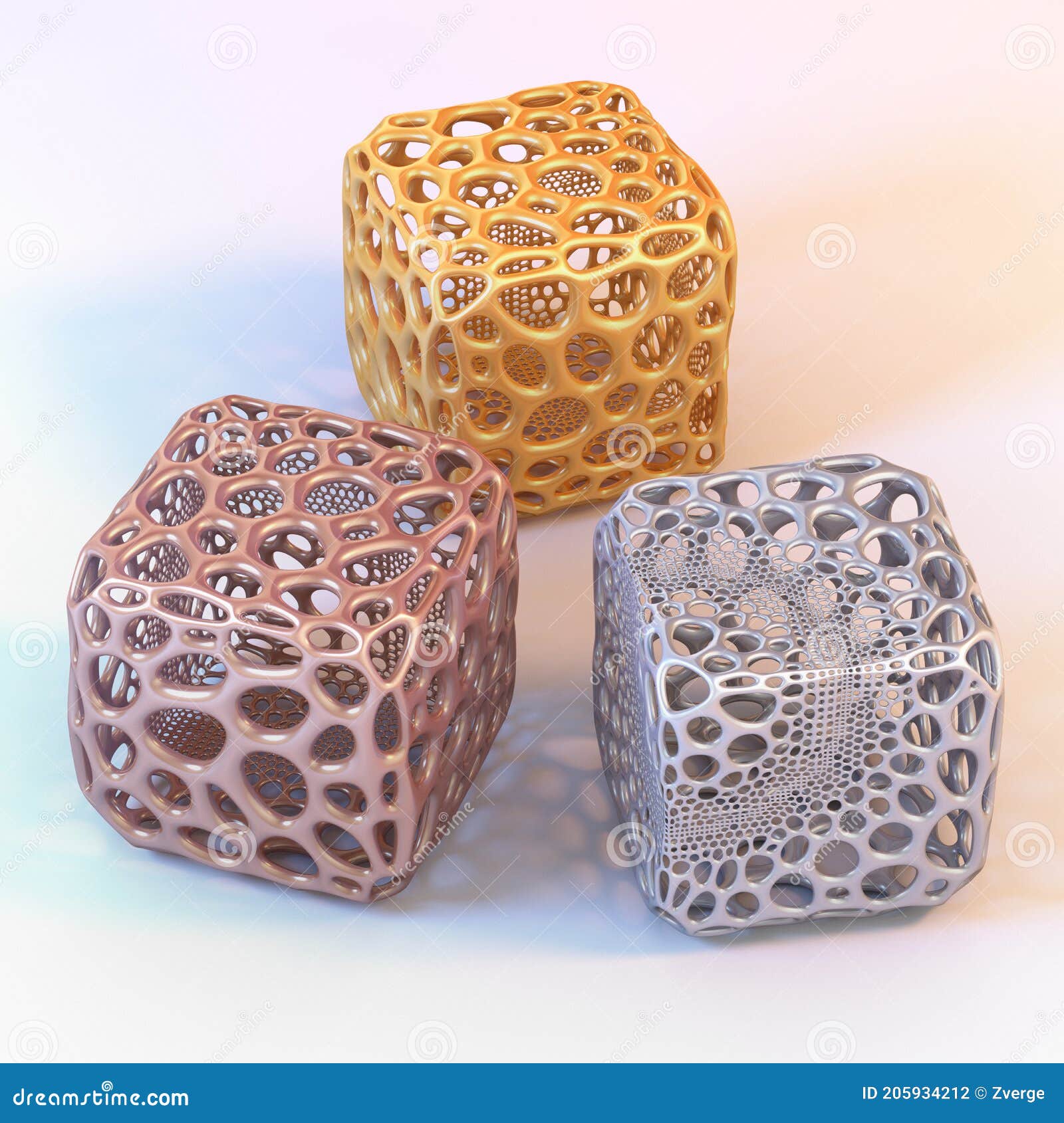 Composition of Three Metal Cubes. 3d Metal Printing Concept. Gold ...