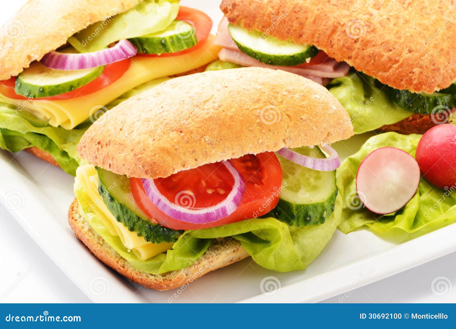Composition with Three Sandwiches on White Plate Stock Photo - Image of ...