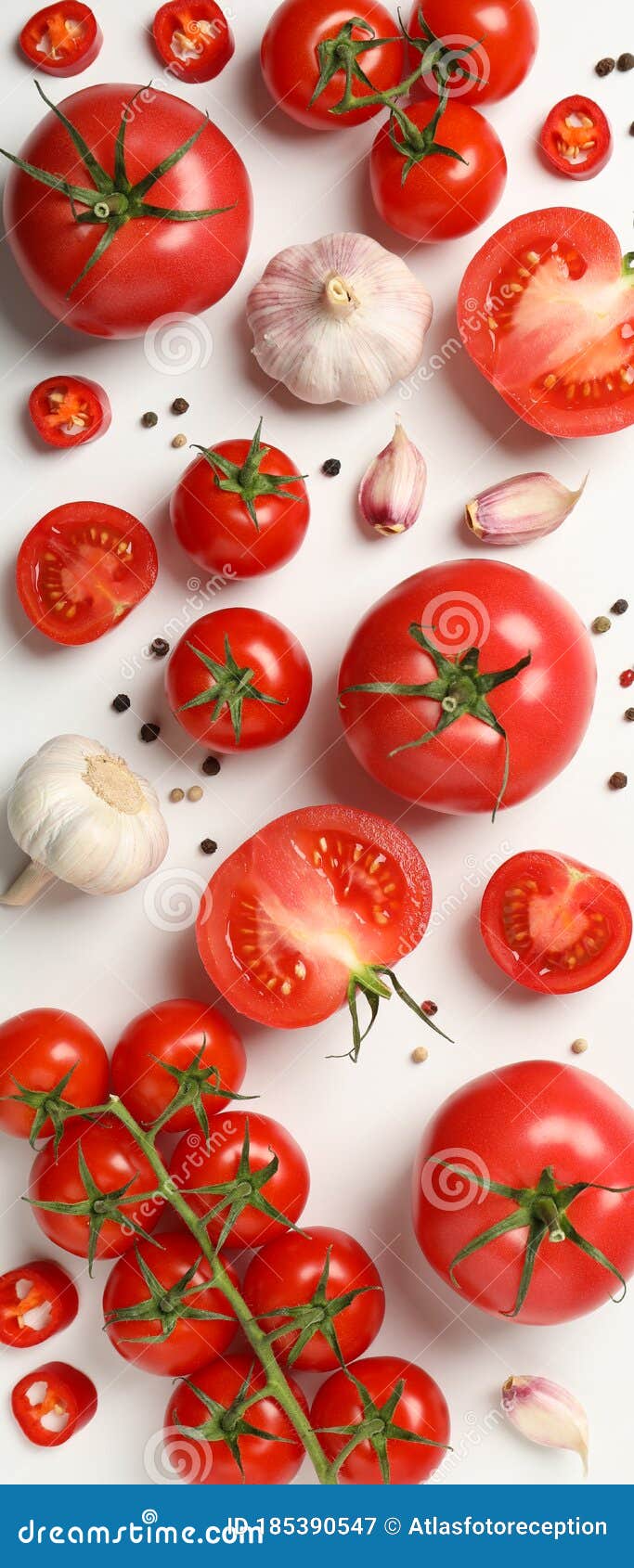 Composition Tomatoes and Ingredients on White Background, Top View ...