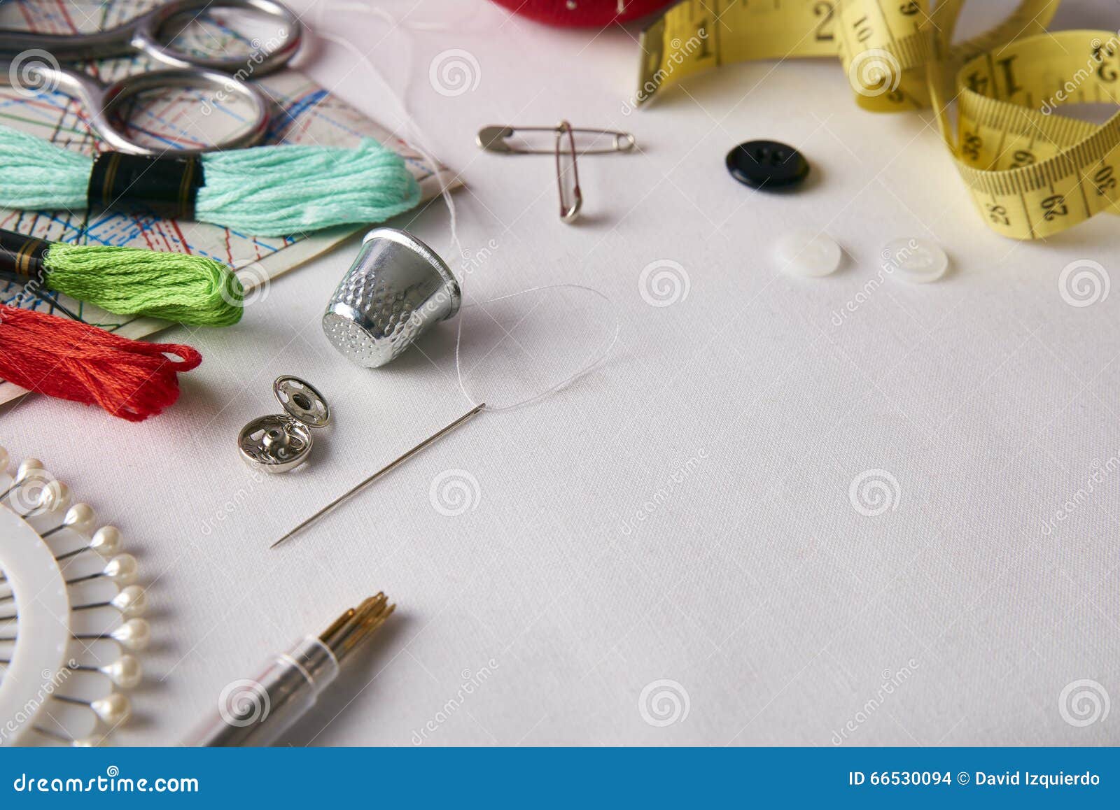Composition Tools for Embroidery on White Fabric Elevated View Stock ...