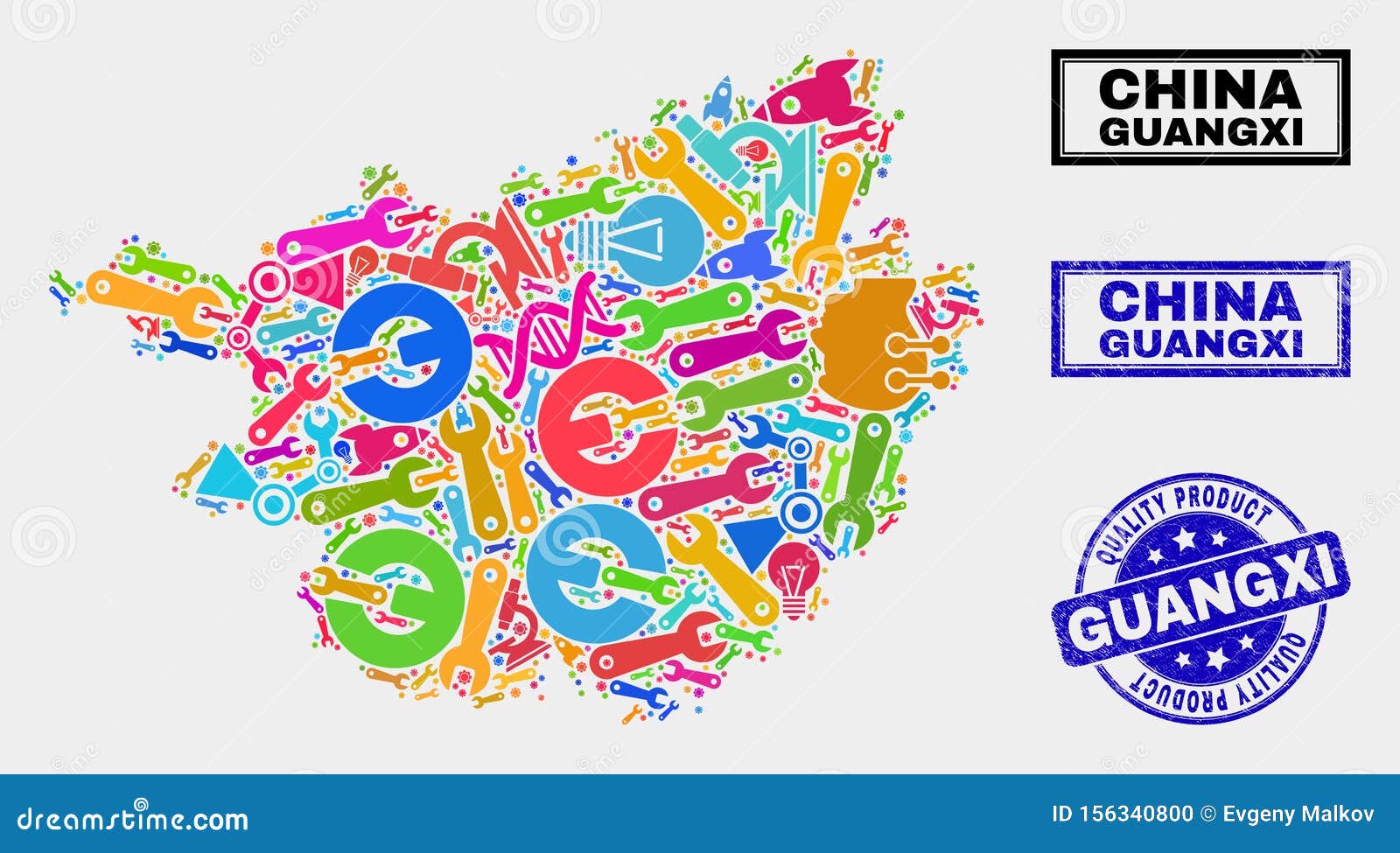 Composition of Tools Guangxi Province Map and Quality Product Stamp ...