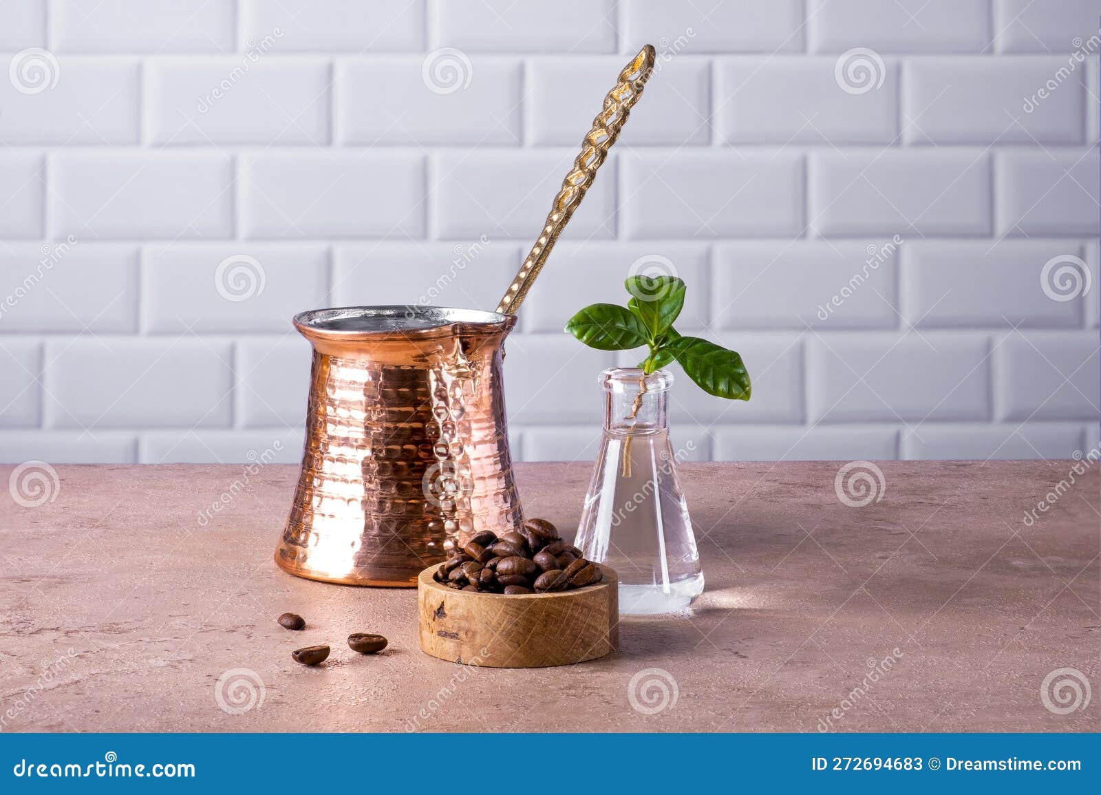 Composition of Turkish Cezve, Coffee Beans and Branch of a Coffee Tree ...