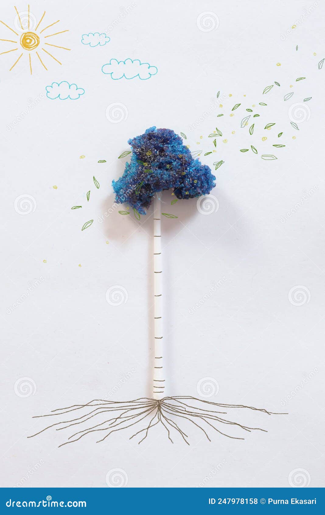 Composition Tree with Roots, Flying Leaves, Blue Clouds and Sun Stock ...