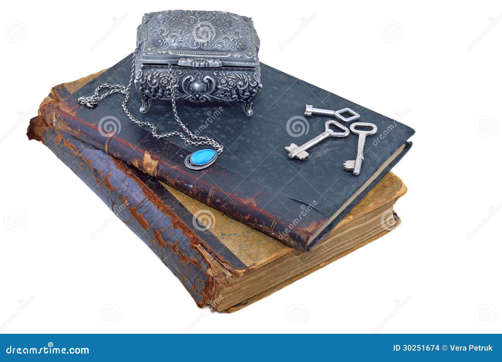 Old Books with Jewel Box and Keys Stock Photo - Image of metal, pendant ...