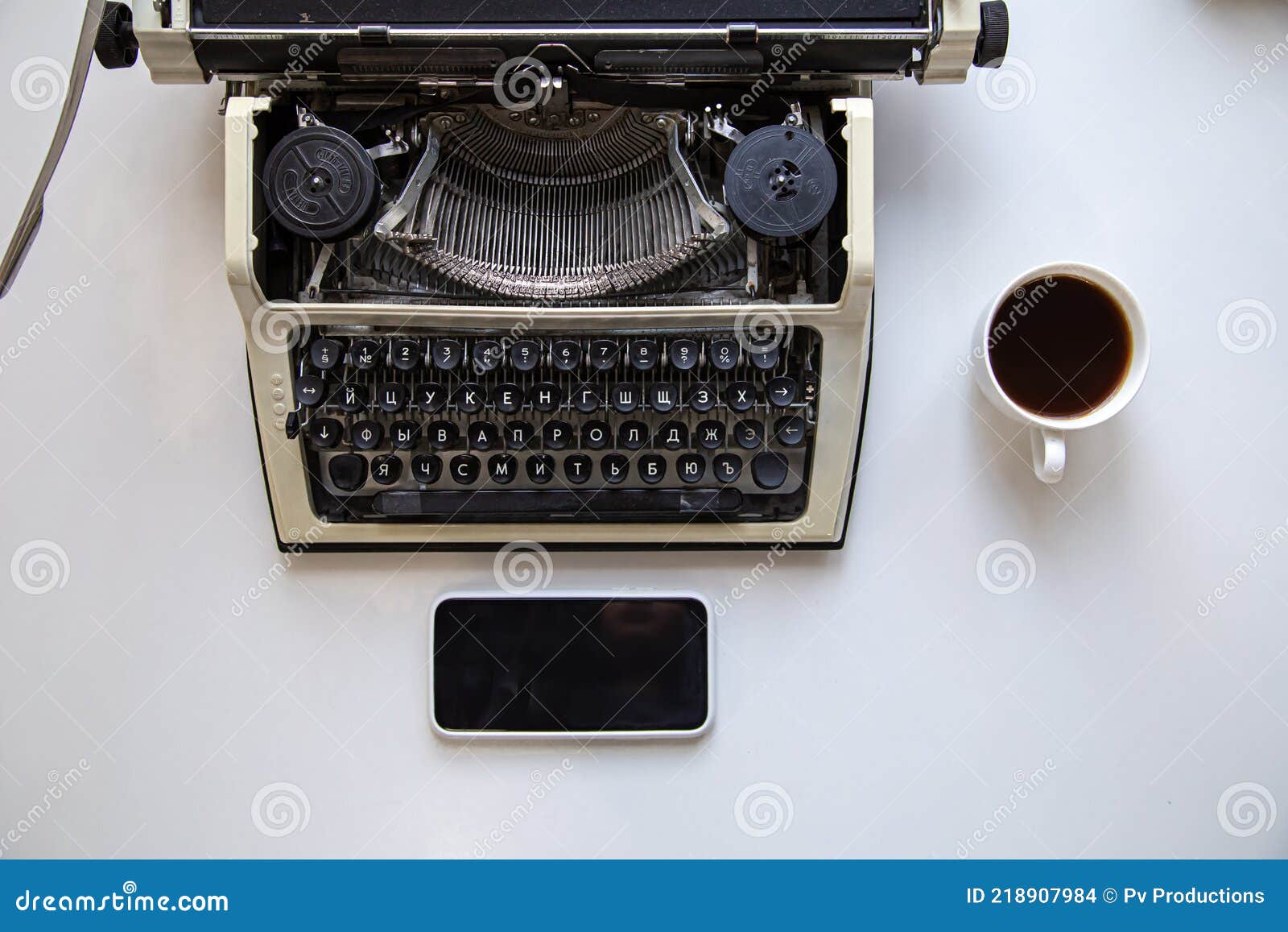 Composition with Typewriter, Coffee Cup and Smartphone Top View Stock ...