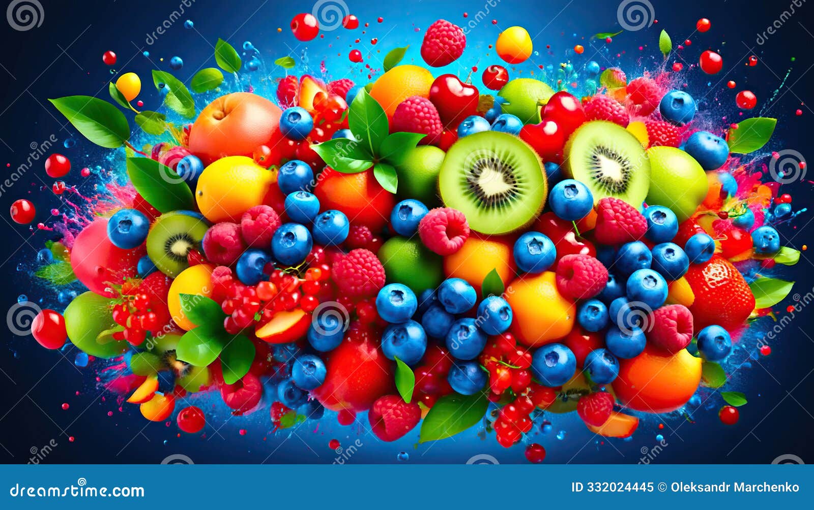 Composition of Various Bright Fruits and Berries with Explosion Effect ...