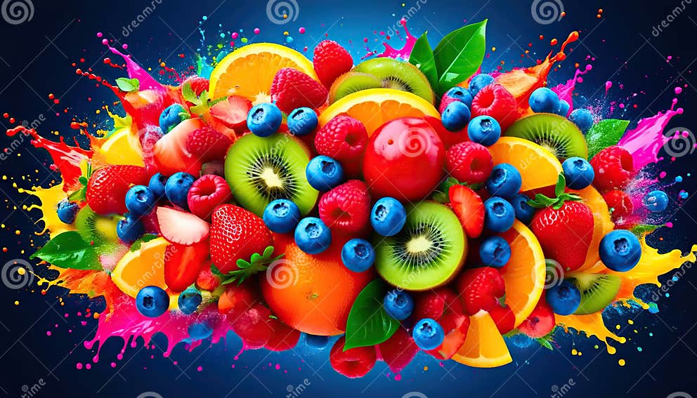 Composition of Various Bright Fruits and Berries with Explosion Effect ...