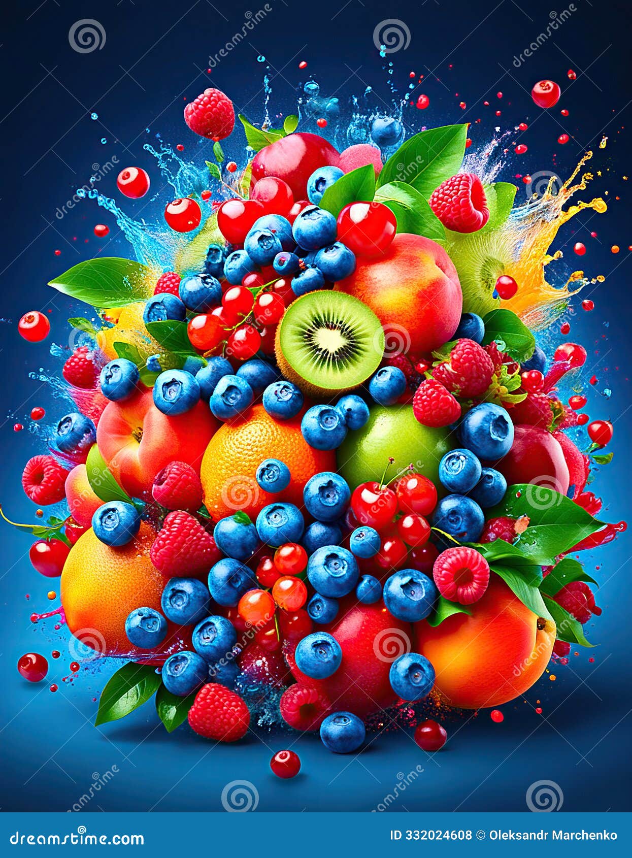 Composition of Various Bright Fruits and Berries with Explosion Effect ...