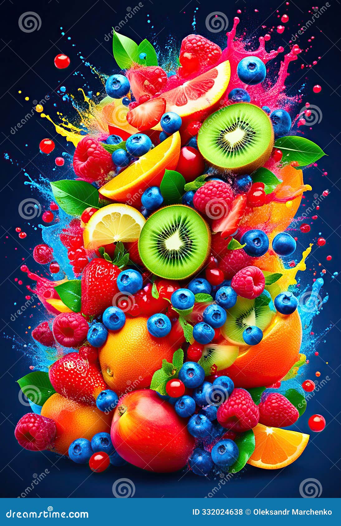 Composition of Various Bright Fruits and Berries with Explosion Effect ...