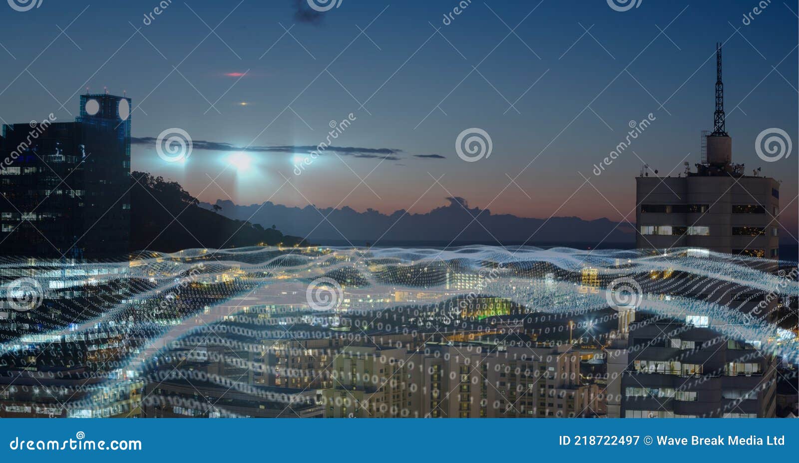 Composition of Waves of Binary Coding Over Cityscape Stock Image - Image of animation, cityscape ...