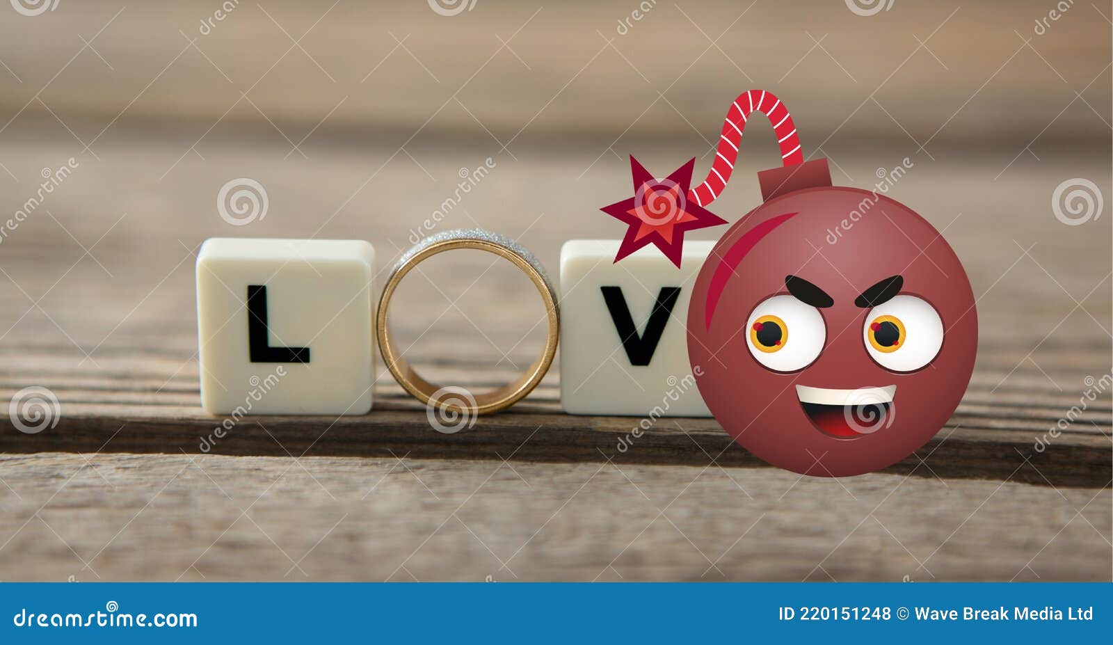 Composition of Wedding Ring and Love Text on Squares with Bomb Emoji ...