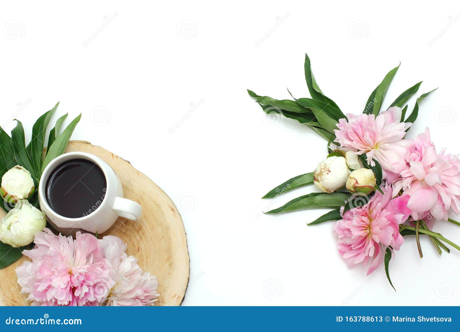 Composition on a White Background of Flowers and Mugs with Coffee. Flat ...