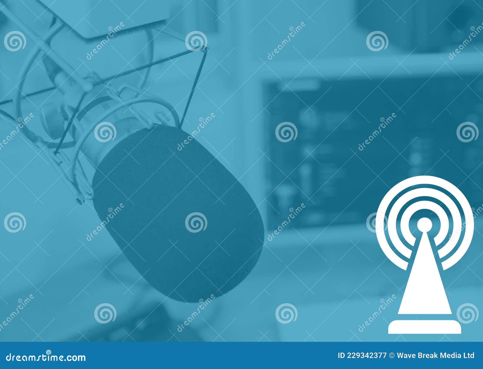 Composition of White Broadcasting Symbol and Microphone in Radio Studio ...