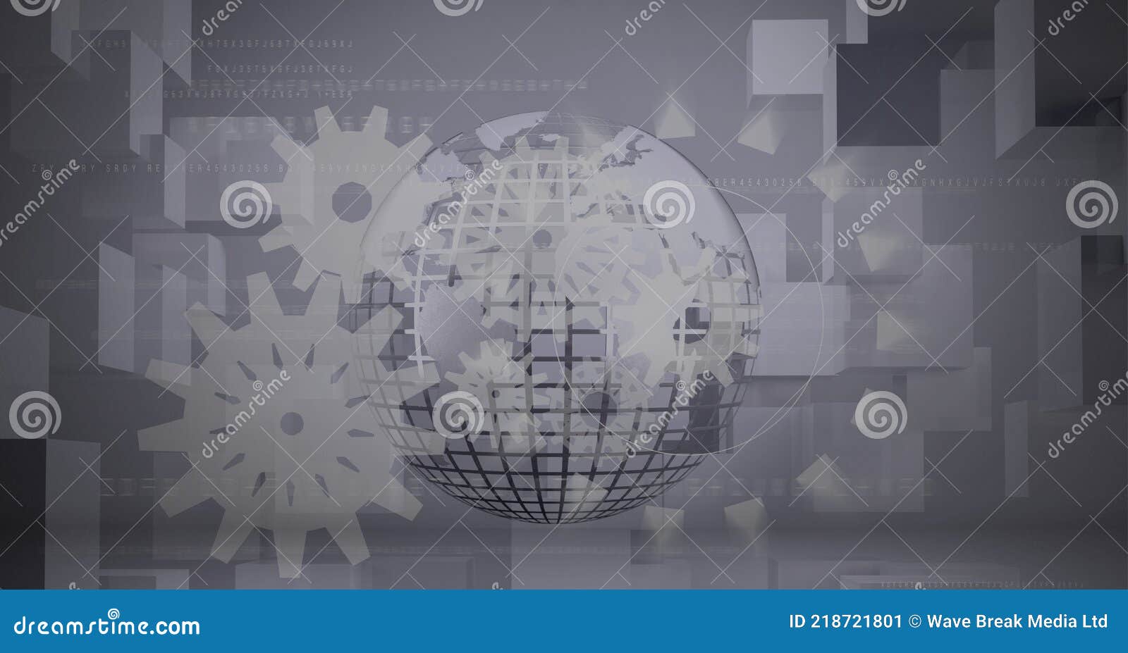 Composition of White Cogs Over Globe and 3d Blocks on Grey Background ...