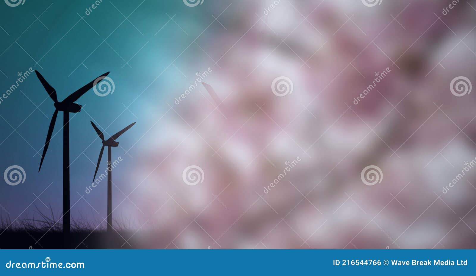Composition of Wind Turbines in Countryside with Tree in Bloom Stock ...