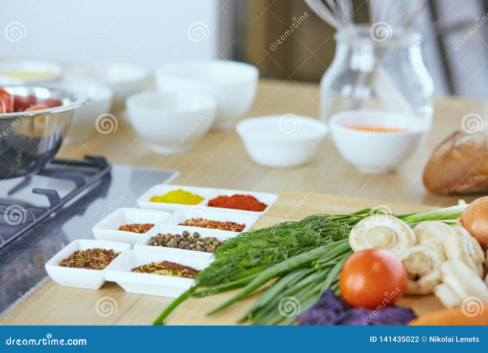 Composition with Wooden Board and Ingredients for Cooking on Table ...