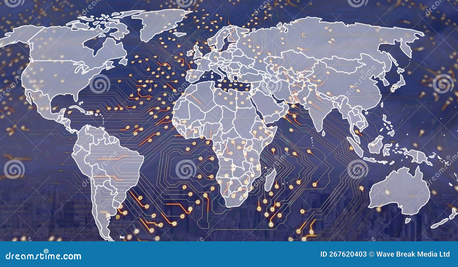 Composition of World Map and Computer Circuit Board Over Cityscape ...