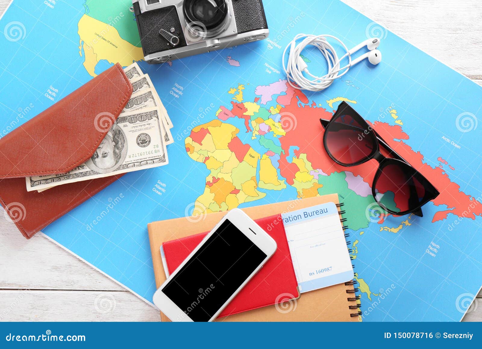 Composition with World Map, Money and Passport on Table. Travel Concept ...