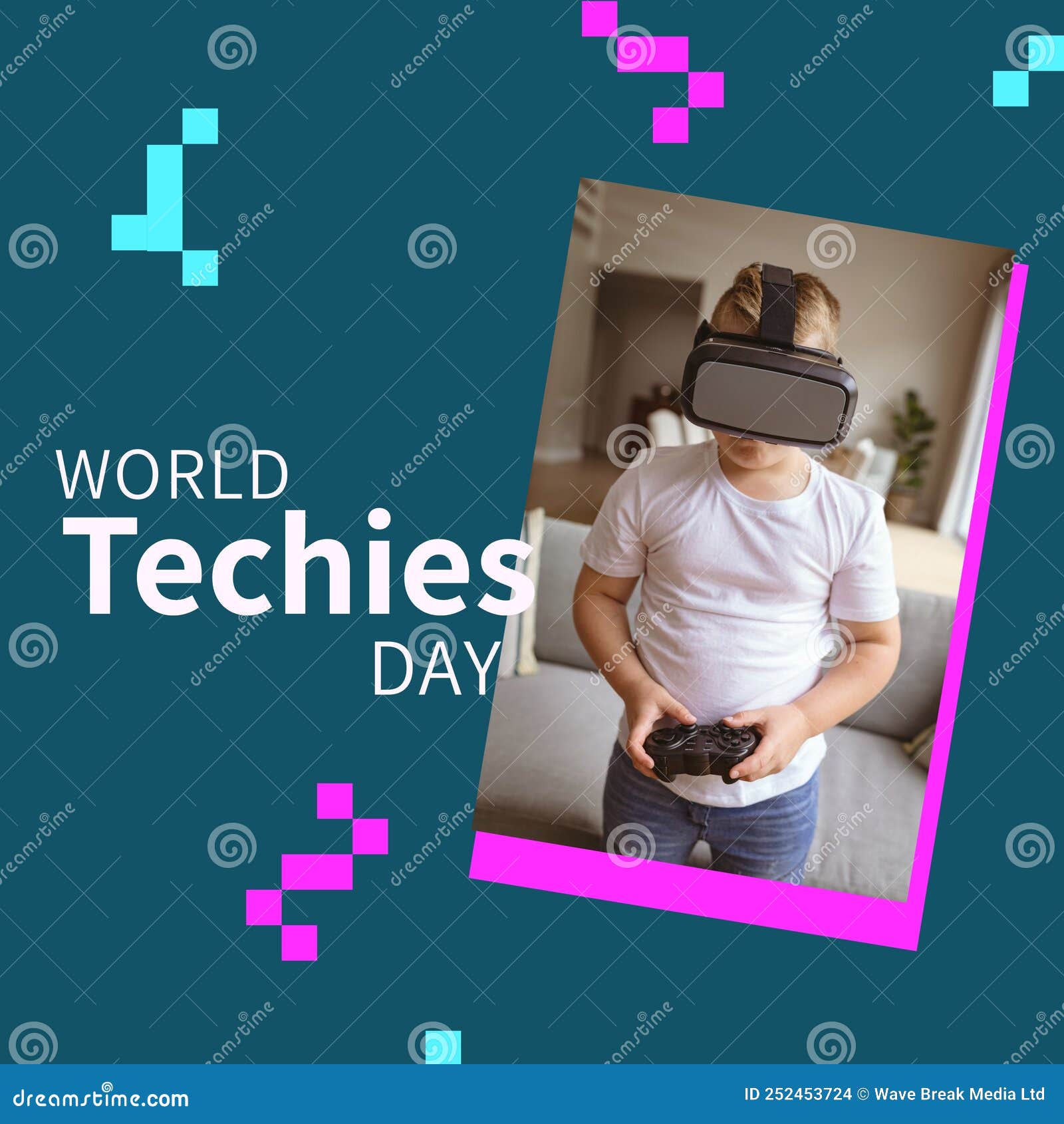Composition of World Techies Day Text Over Caucasian Boy Using Vr ...