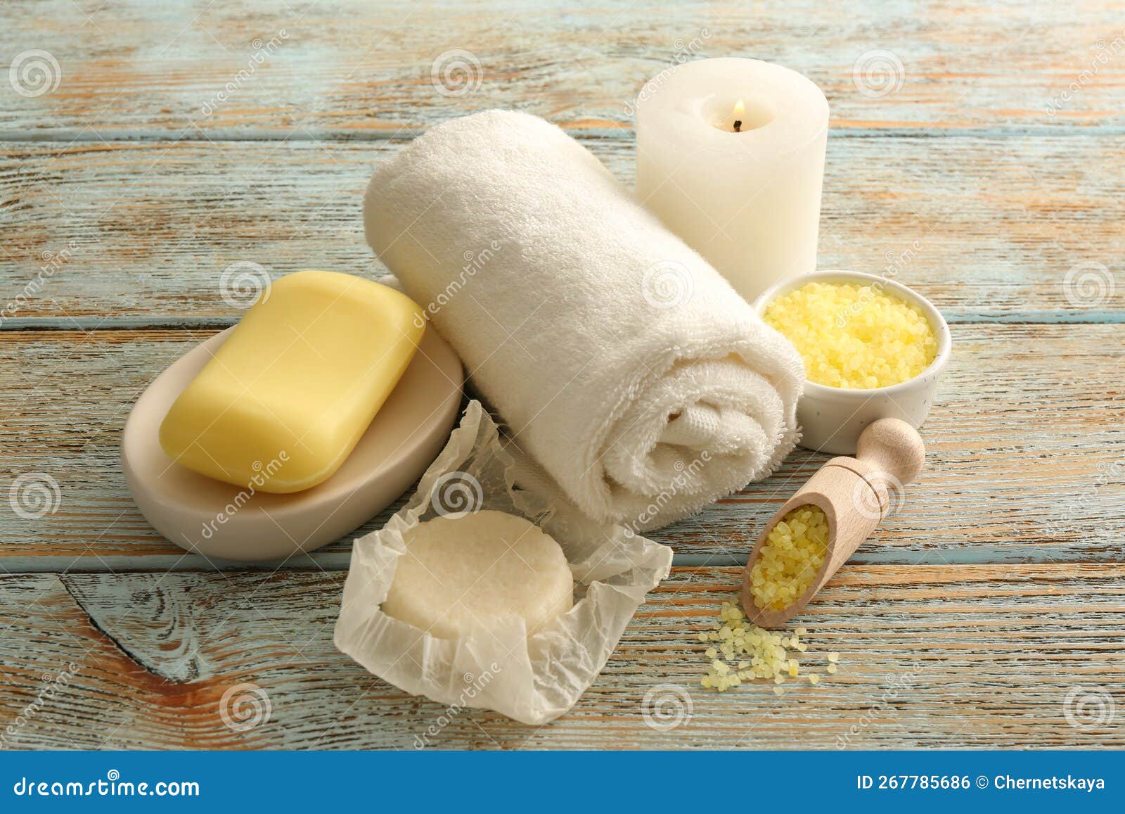 Composition with Yellow Sea Salt on Rustic Table Stock Photo - Image of ...