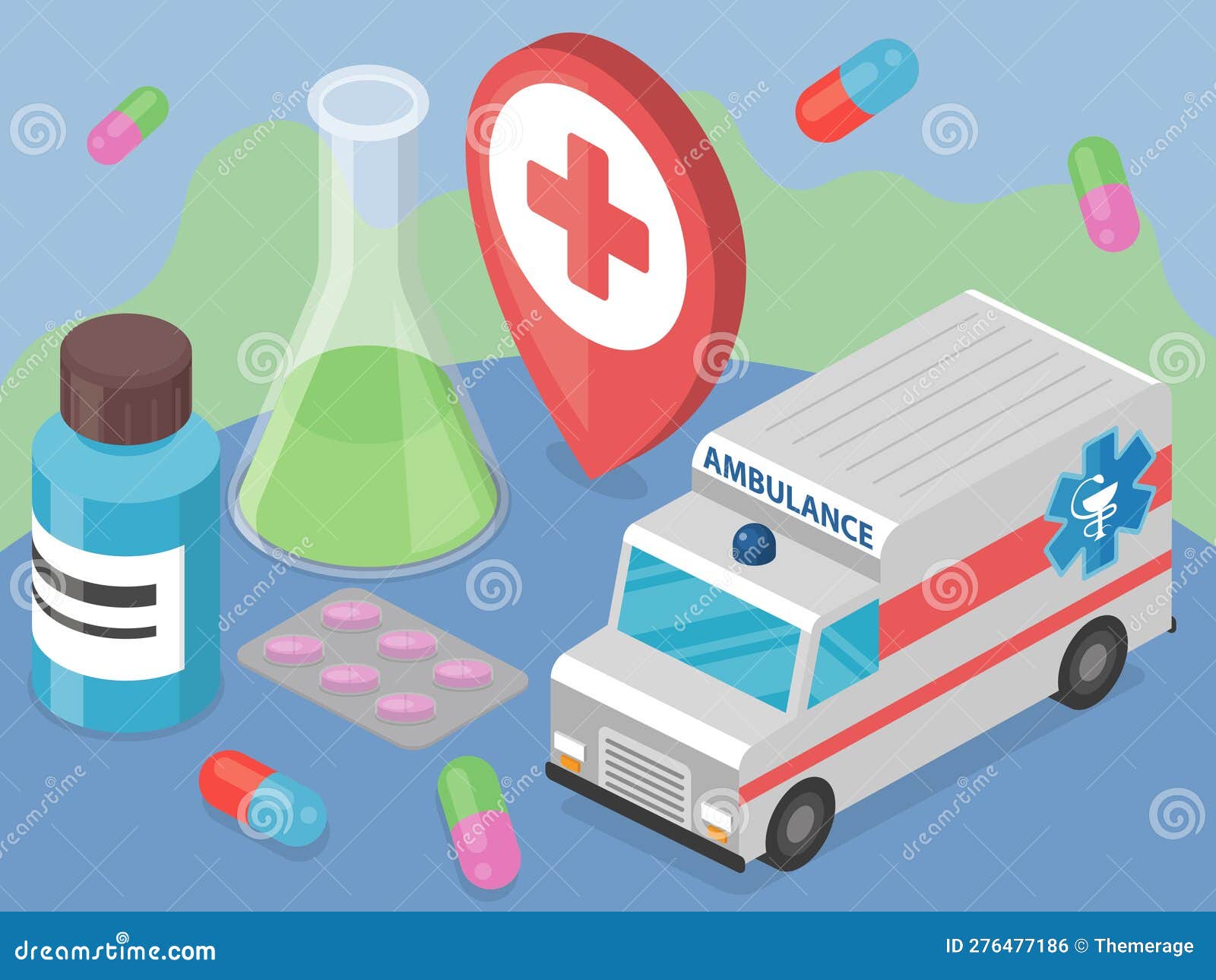 Compositional Image Consists of Emergency Ambulance, Pills, Lab Flask ...