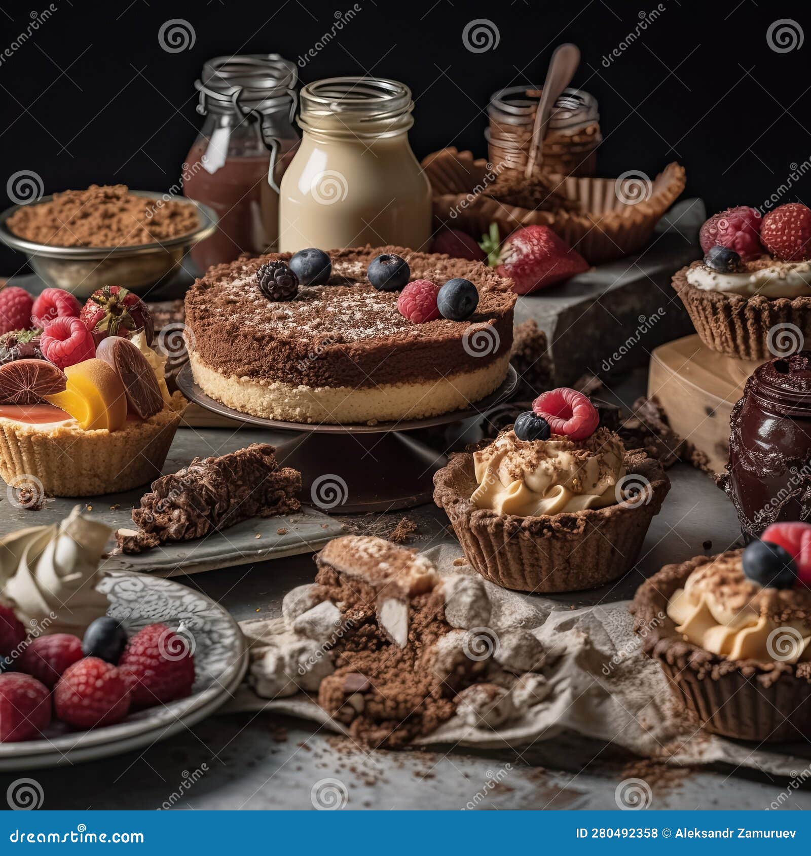Compositions of Desserts. Selection Miniature Cakes and Cupcakes on the ...