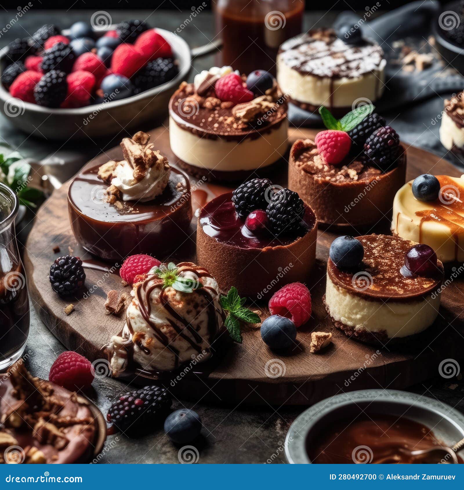 Compositions of Desserts. Selection Miniature Cakes on the Table Stock ...