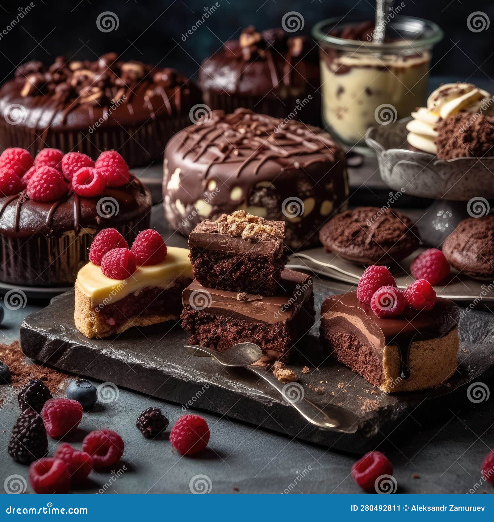 Compositions of Desserts. Selection Miniature Cakes on the Table Stock ...