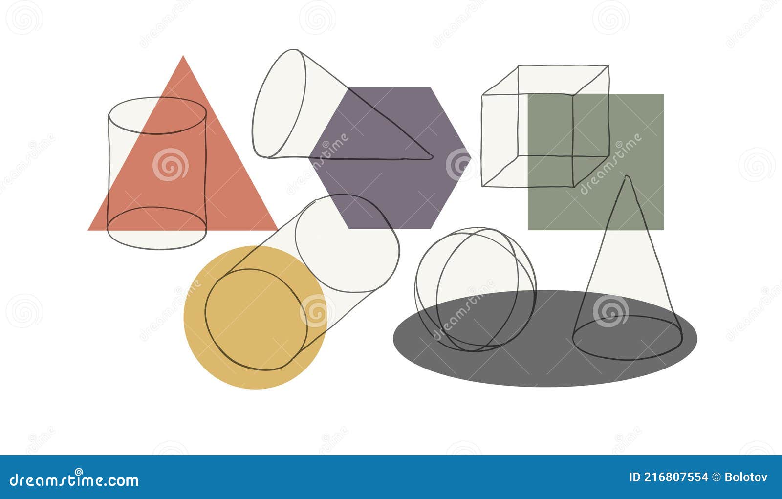 Compositions of Wireframe Solid Shapes and Color Geometric Figures ...